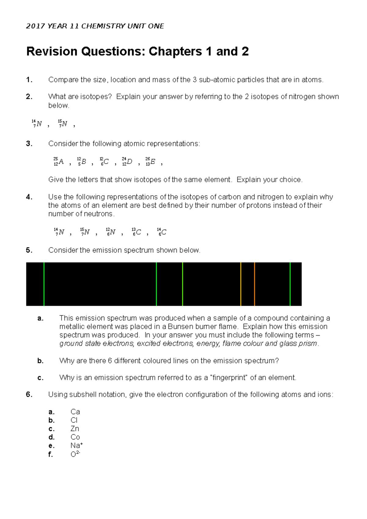 Chemistry C1&2 (Ver1) Questions - 2017 YEAR 11 CHEMISTRY UNIT ONE ...