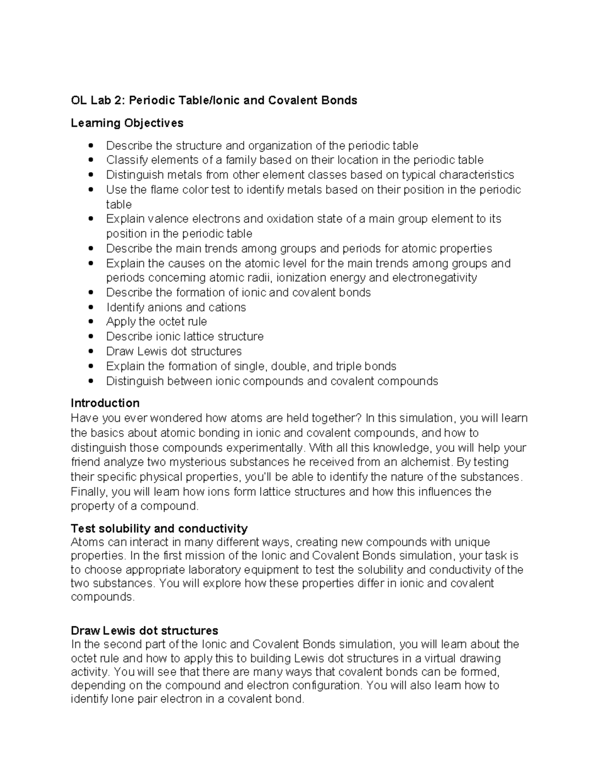 chemistry week 2 lab - OL Lab 2: Periodic Table/Ionic and Covalent ...