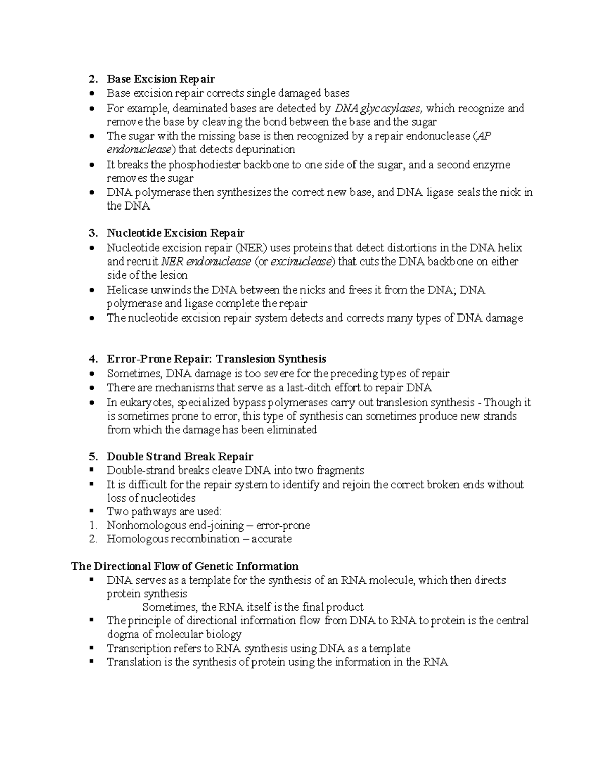 Cell and Molecular Bio Lecture Notes-5 - Base Excision Repair Base ...