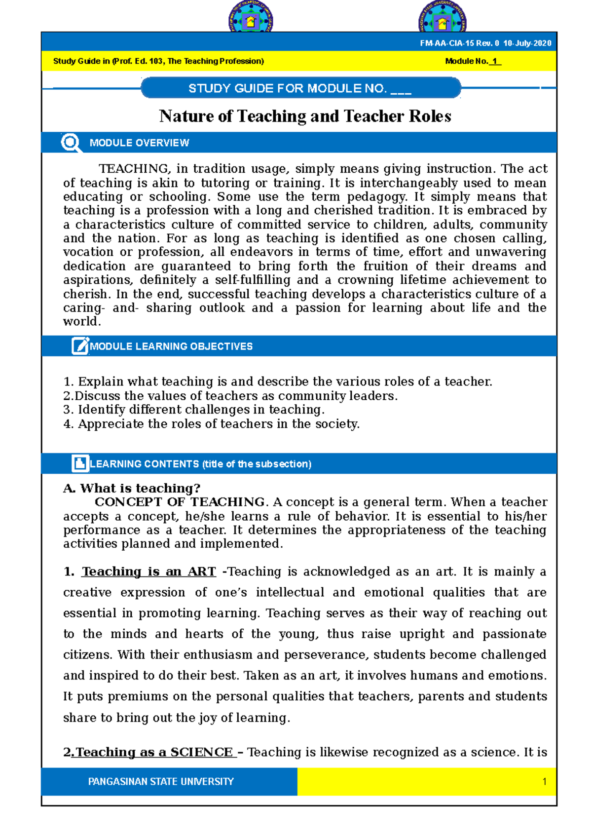 Teaching Prof Study Guide for Module 1 - 1 Nature of Teaching and ...