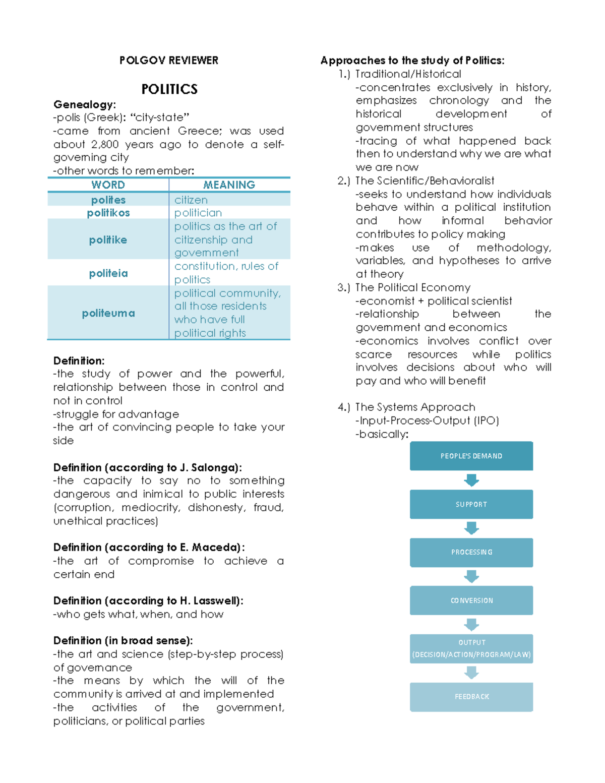 Polgov Reviewer - none. - POLGOV REVIEWER POLITICS Genealogy: polis ...