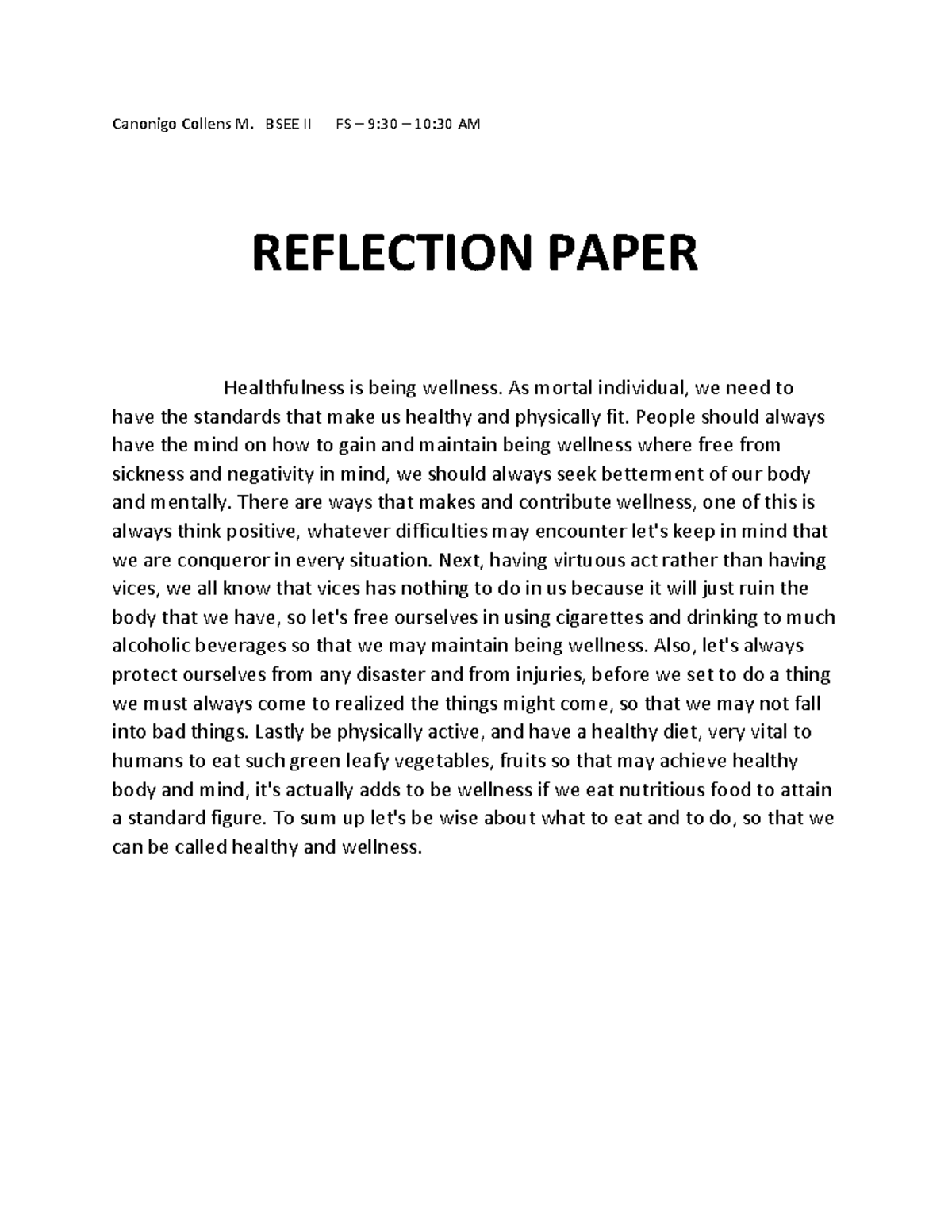 Reflection Paper - Canonigo Collens M. BSEE II FS – 9:30 – 10:30 AM ...