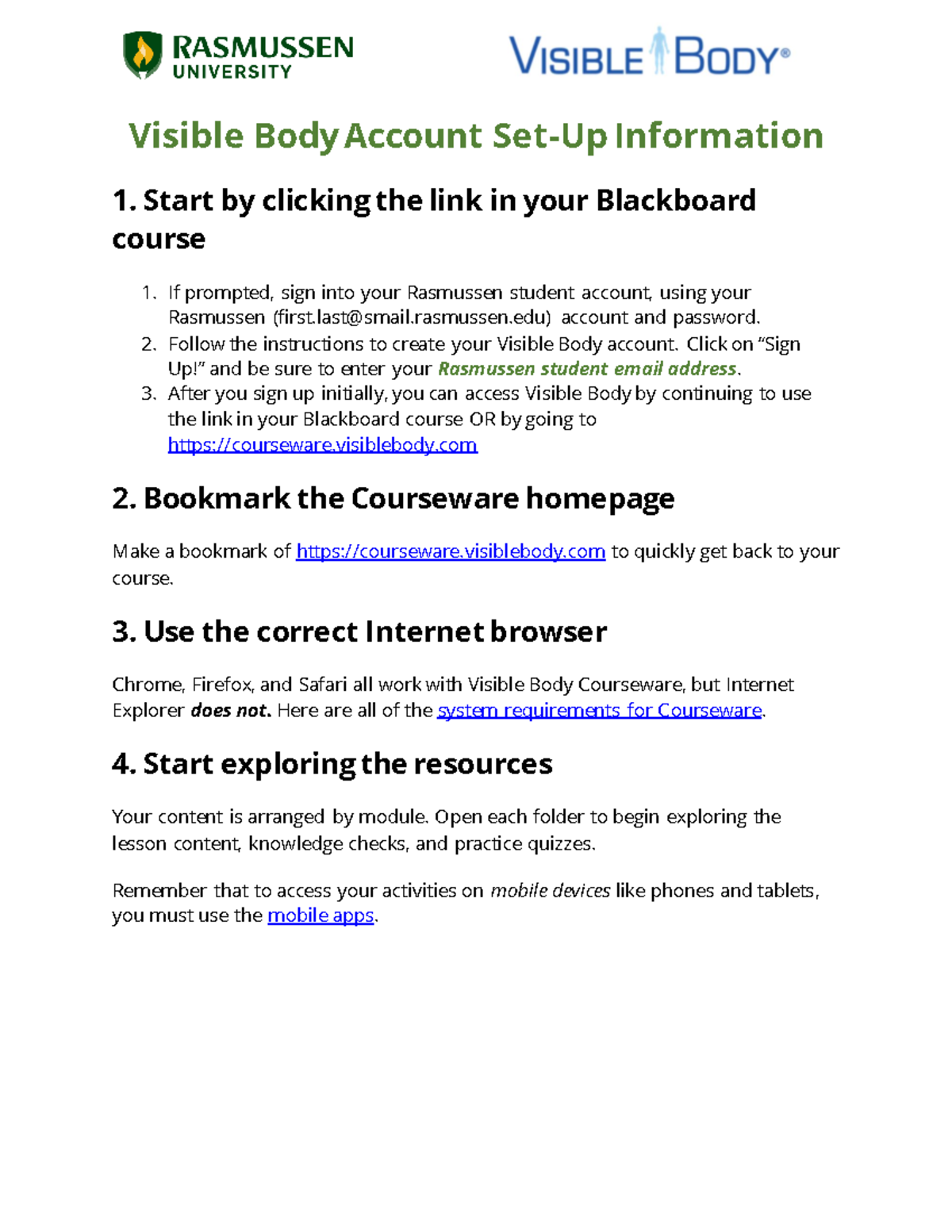 Visible Body Account Set-Up Information - Start by clicking the link in ...