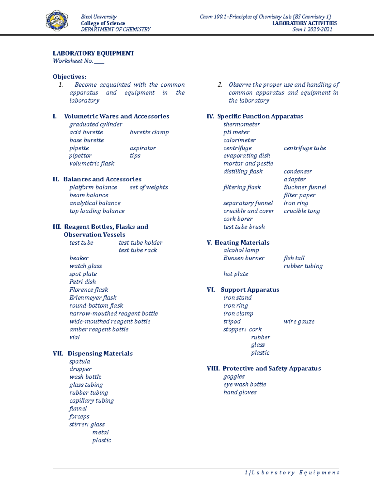 WS 1. Laboratory Equipment 3 - Bicol University Chem 100–Principles of ...