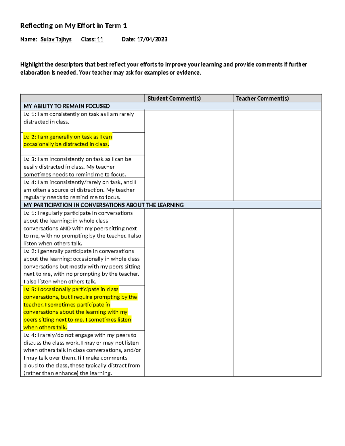 Sulav Reflecting on My Effort - Reflecting on My Effort in Term 1 Name ...