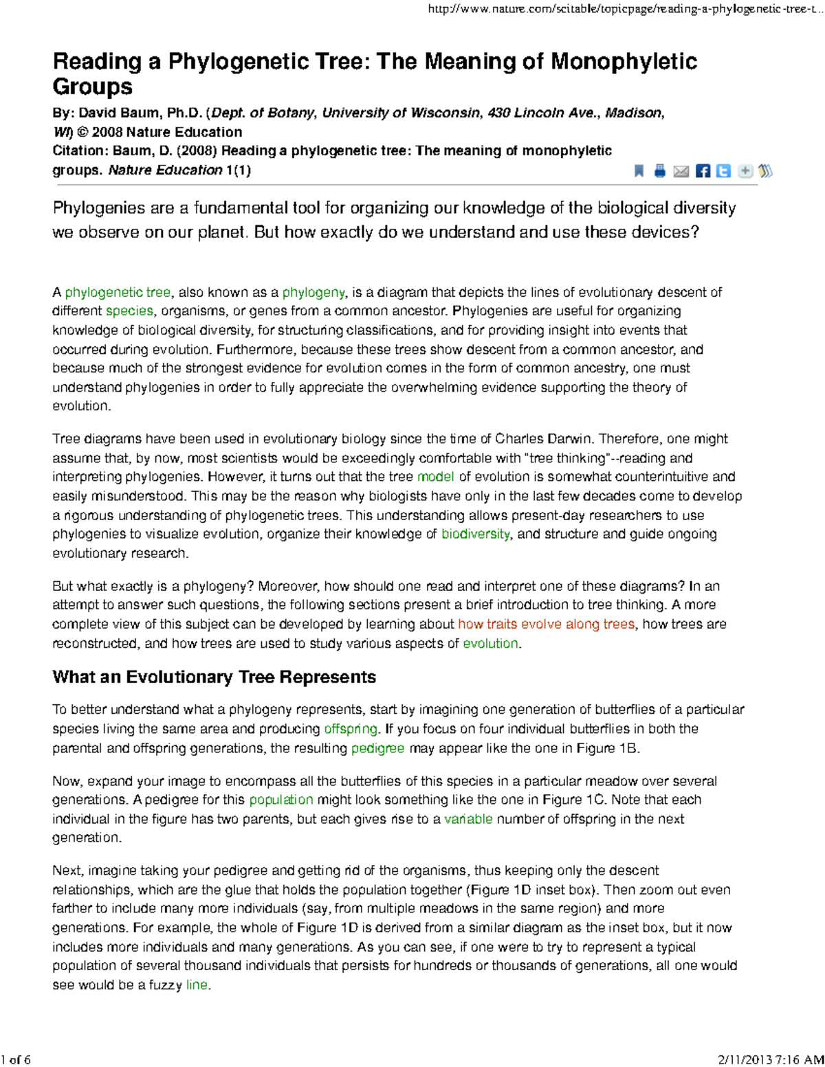 Bio 112 Phylogeny Lab reading(1) - By: David Baum, Ph. (Dept. of Botany ...
