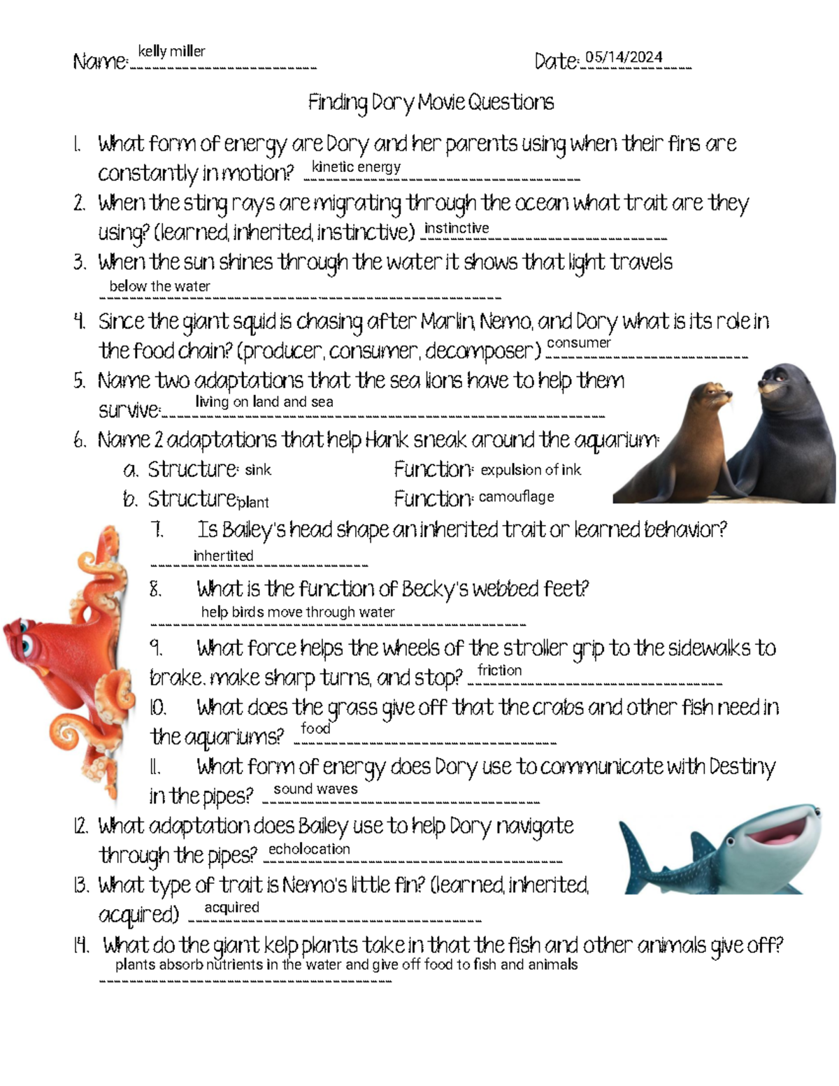 Kami Export - Finding Dory Science Movie Questions - Name ...