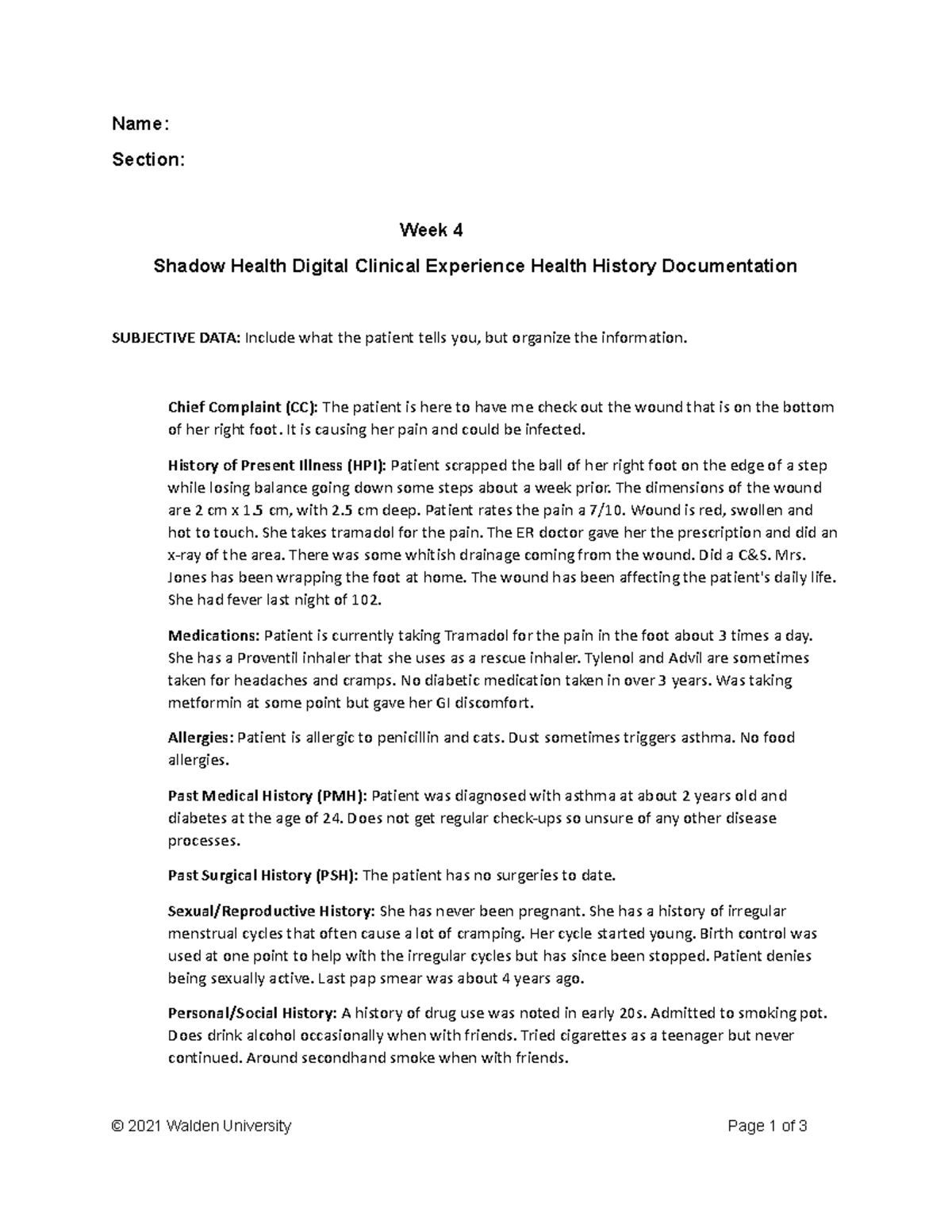 Shadow Health Documentation - Tina Jones - Name: Section: Week 4 Shadow ...