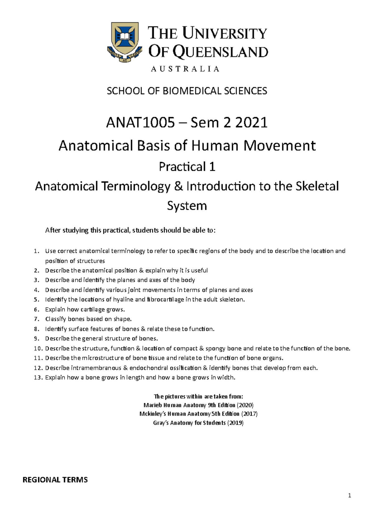 anatomy 1005 practical material 1 - SCHOOL OF BIOMEDICAL SCIENCES ...