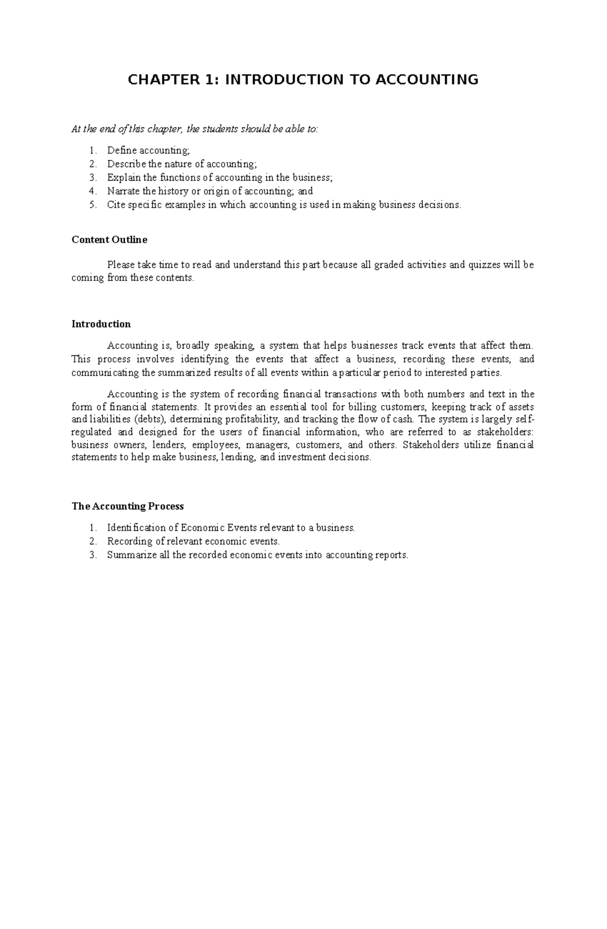 Chapter 1 Introduction TO Accounting - CHAPTER 1: INTRODUCTION TO ...