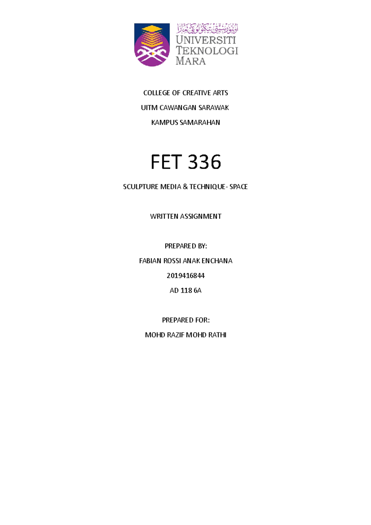 Written Assignment Fabian Rossi - COLLEGE OF CREATIVE ARTS UITM ...