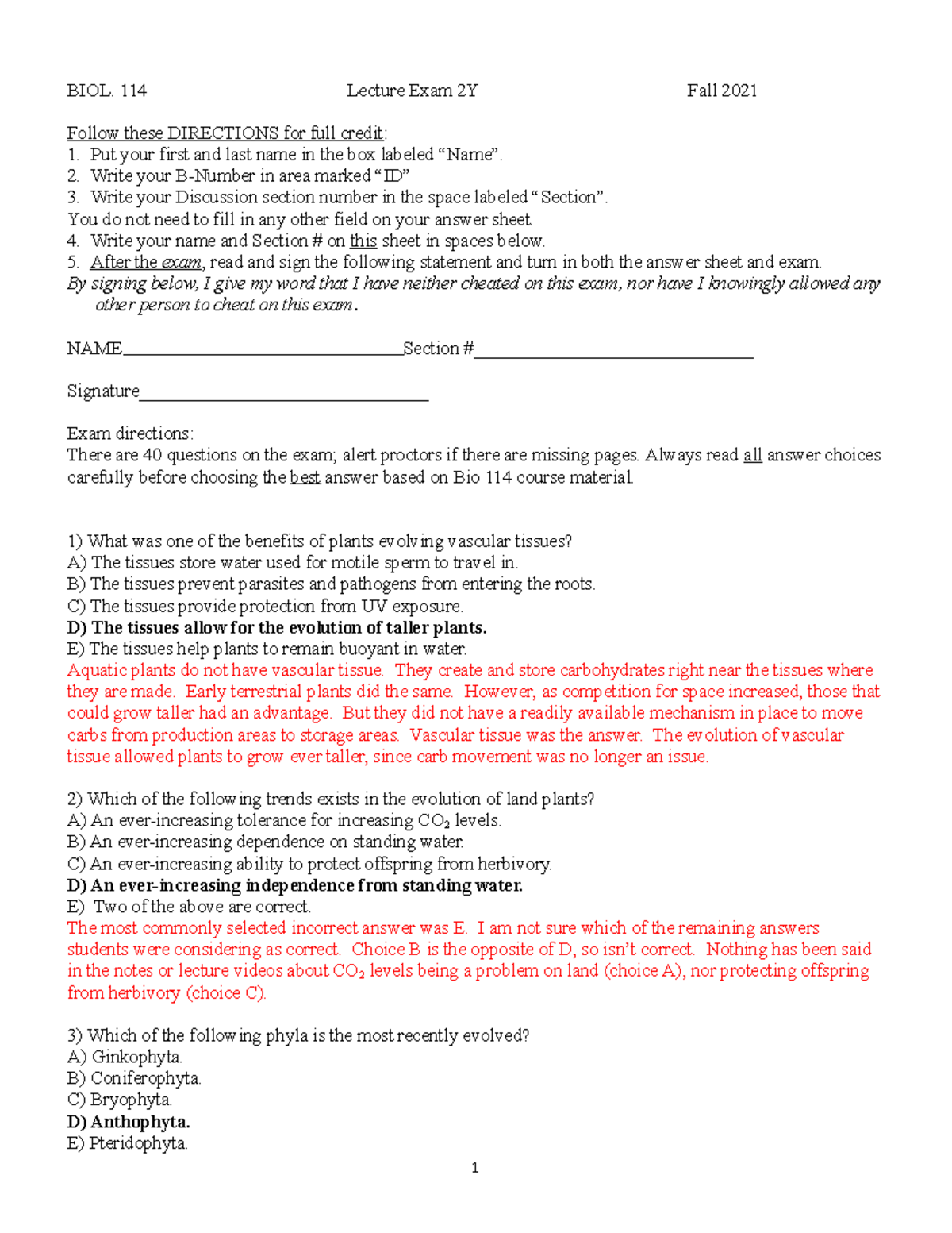 Exam 2 Y and Group Exam key - BIOL. 114 Lecture Exam 2Y Fall 2021 Follow these DIRECTIONS for ...