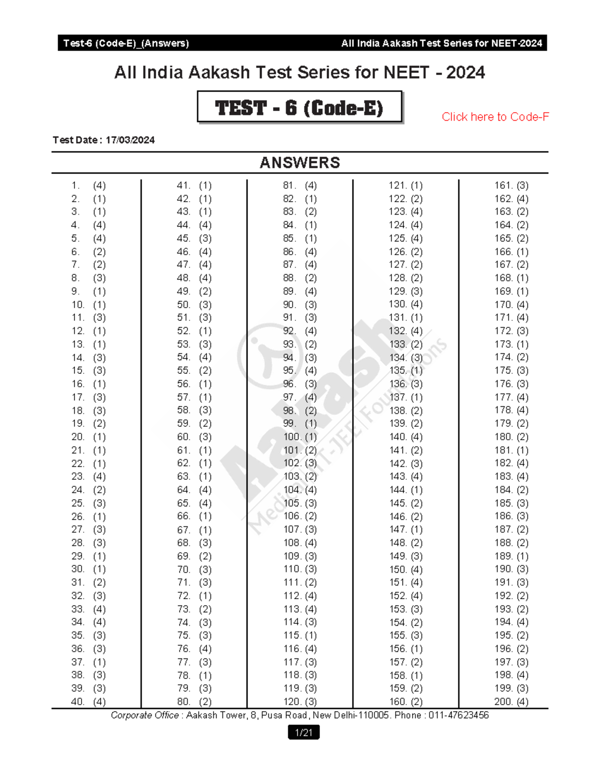 Aiats 6 Solutions - Test-6 (Code-E)_(Answers) All India Aakash Test ...