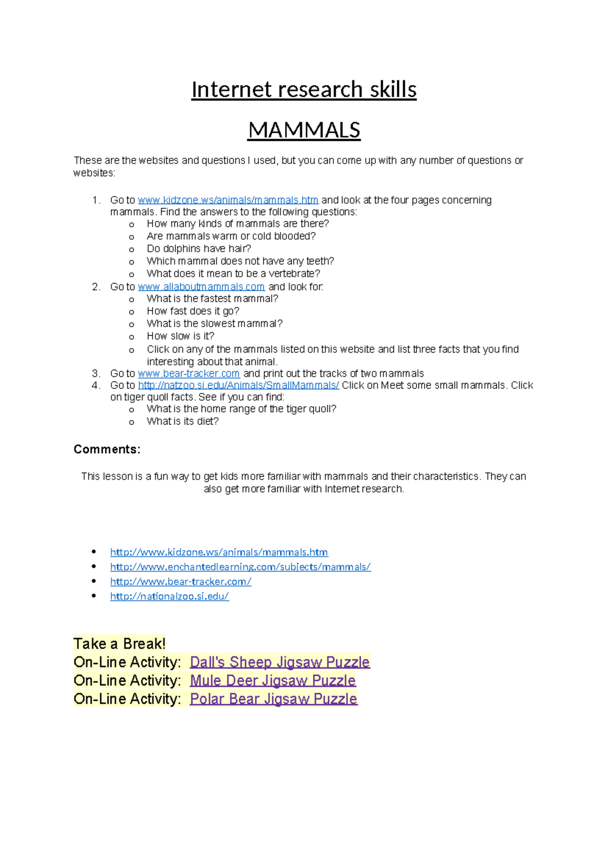 Computer lesson internet mammals questions amd answers - Internet ...