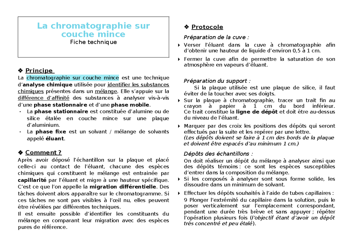 Fiche méthode Chromatographie - La chromatographie sur couche mince ...