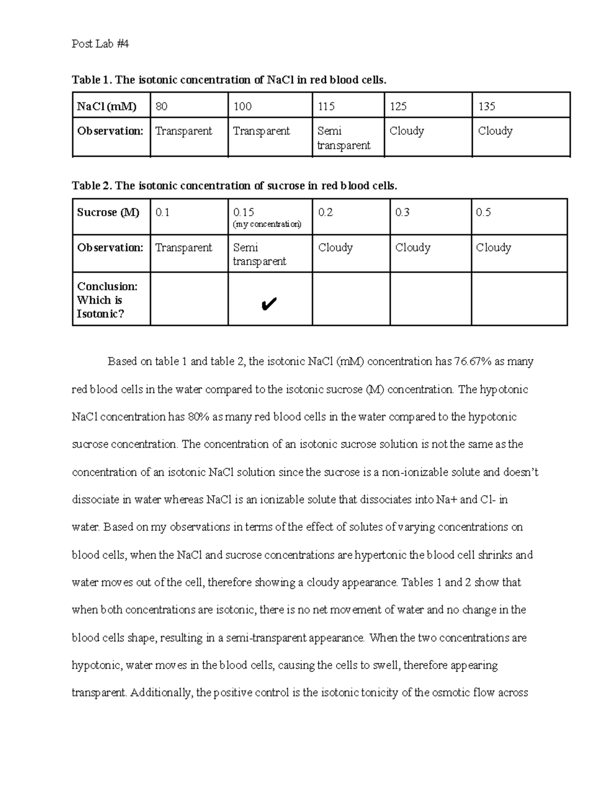 Post Lab 4-3 - POST BIO 113 LAB - Post Lab # Table 1. The isotonic concentration of NaCl in red ...