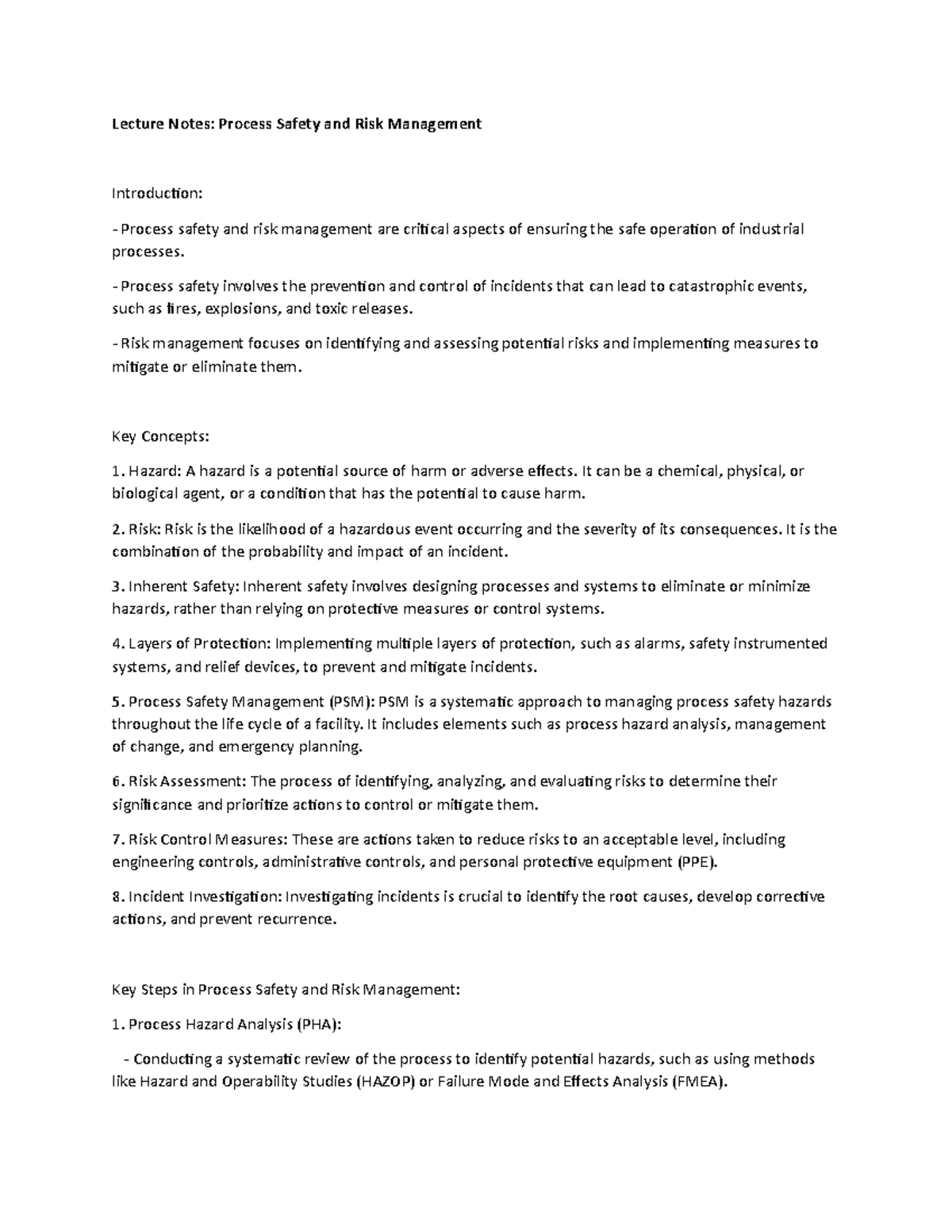 Lecture Notes: Process Safety and Risk Management - Lecture Notes ...