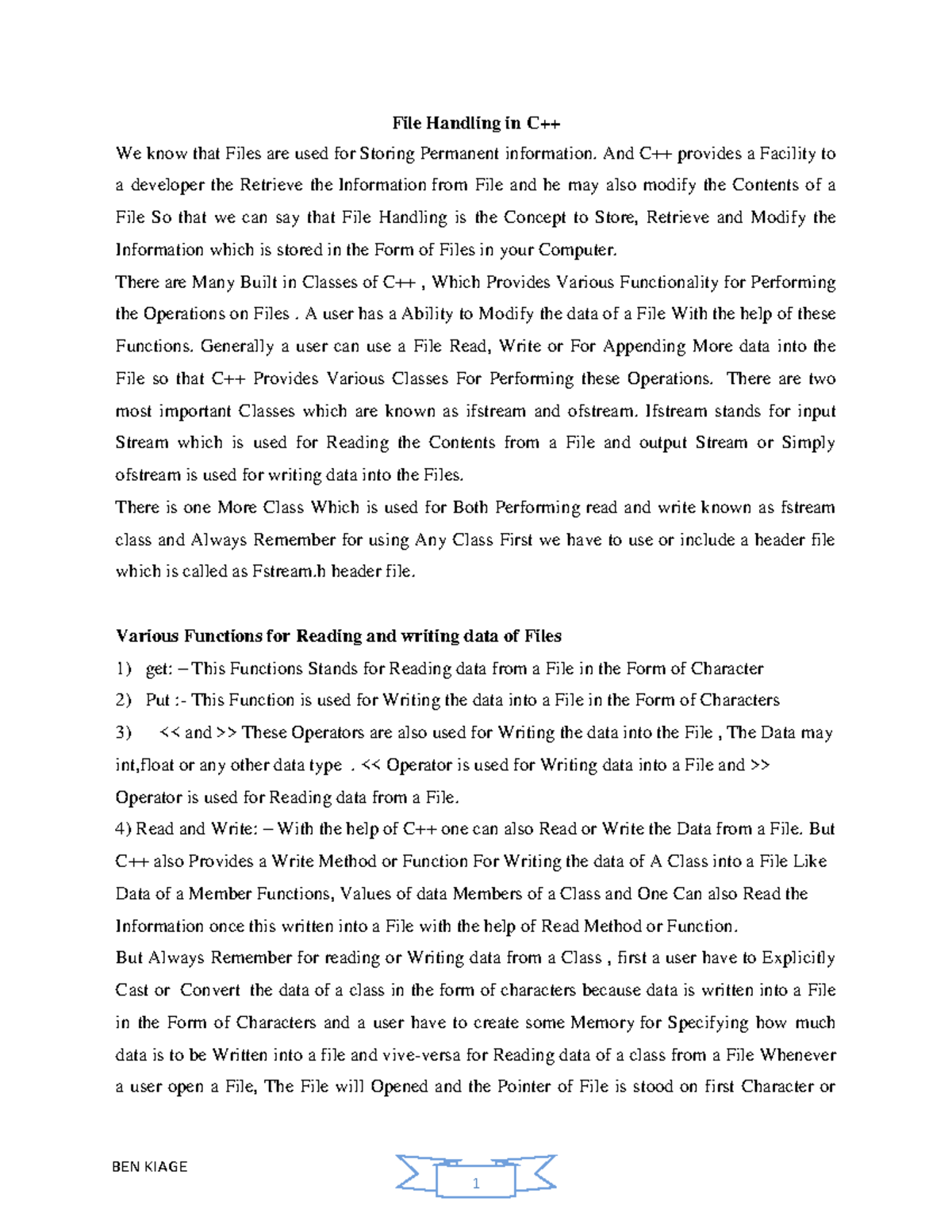 File organisation in c++ BNC oop-1 - BEN KIAGE File Handling in C++ We ...