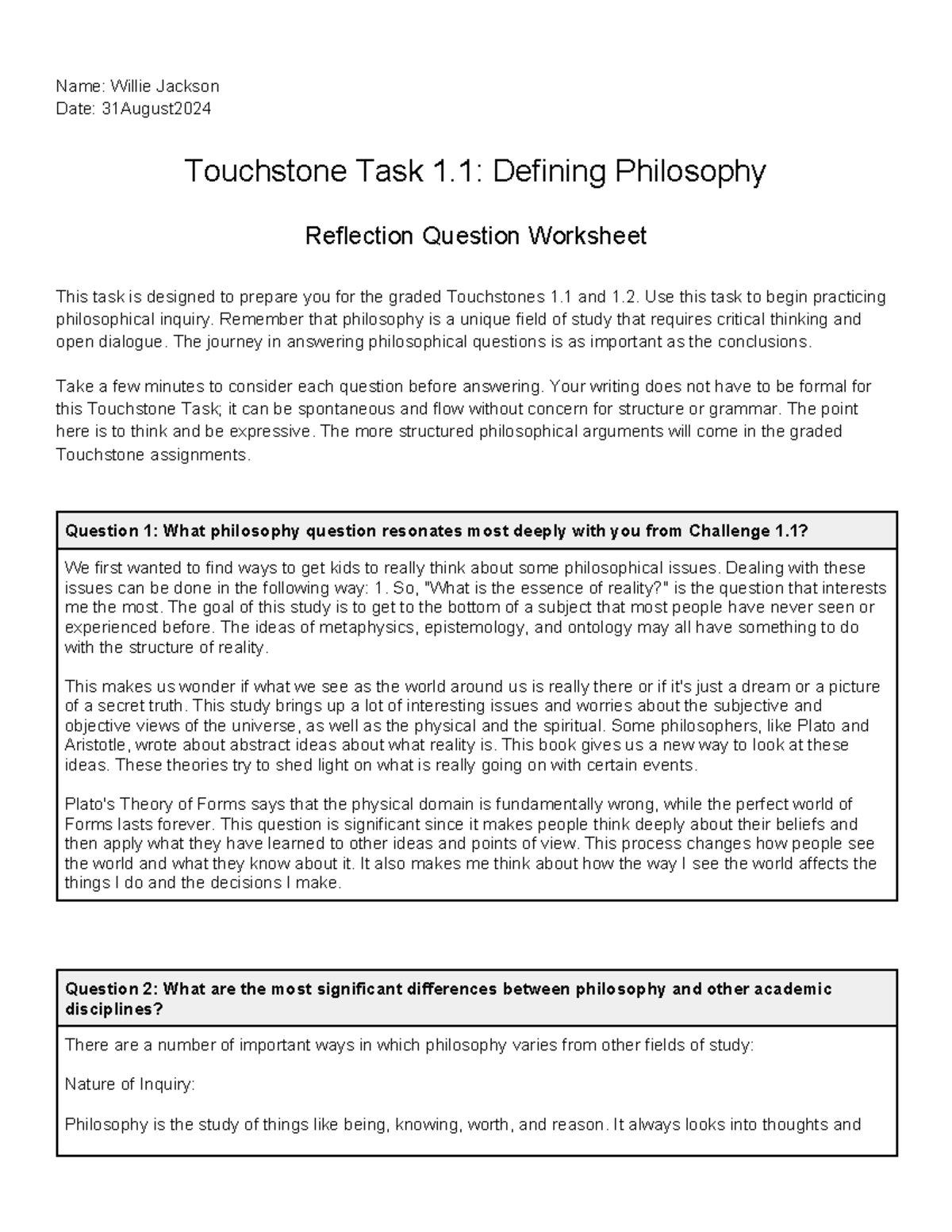 Ancient Greek Philosophers Touchstone Task 1 Worksheet - Name: Willie Jackson Date: 31August ...