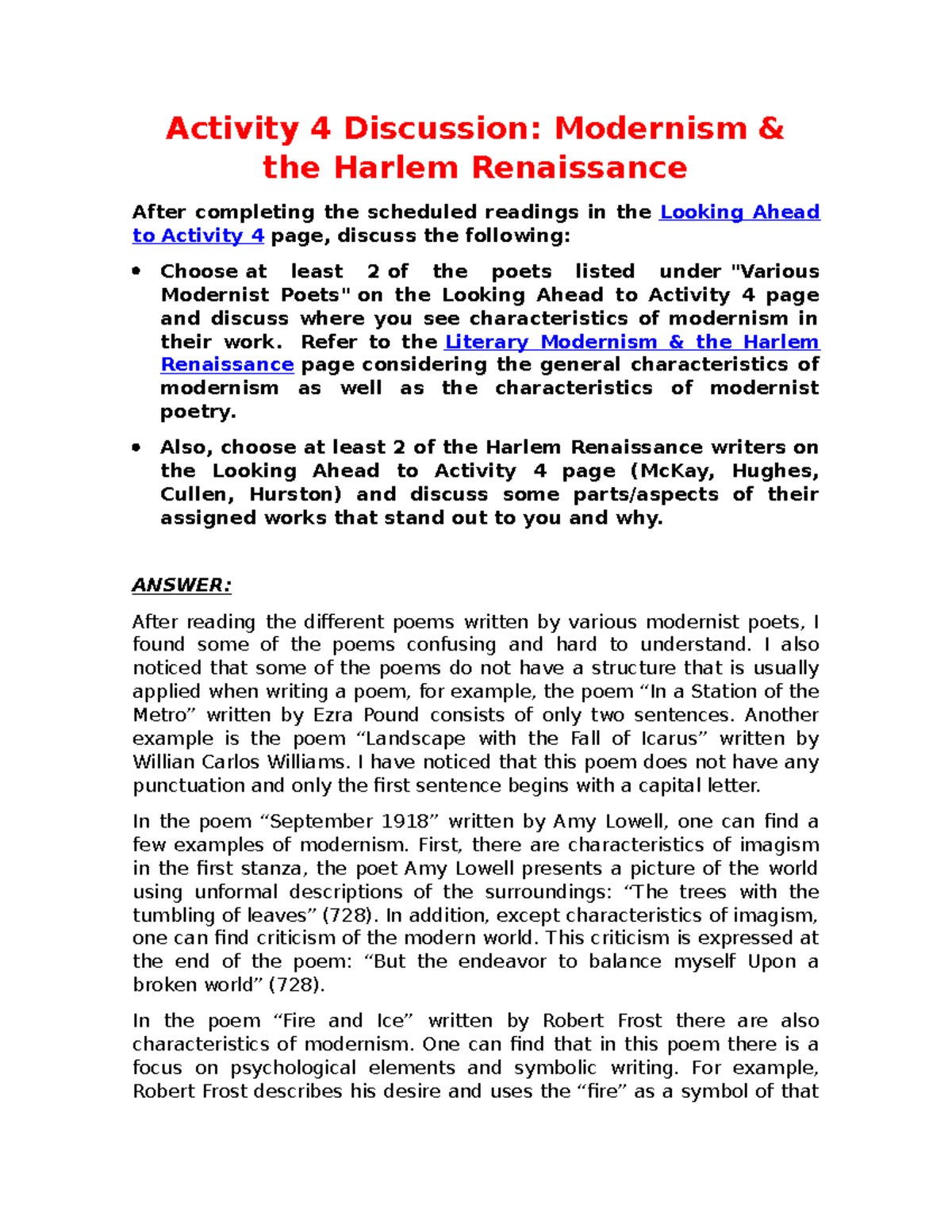 Activity 4 Discussion - Activity 4 Discussion: Modernism & the Harlem ...