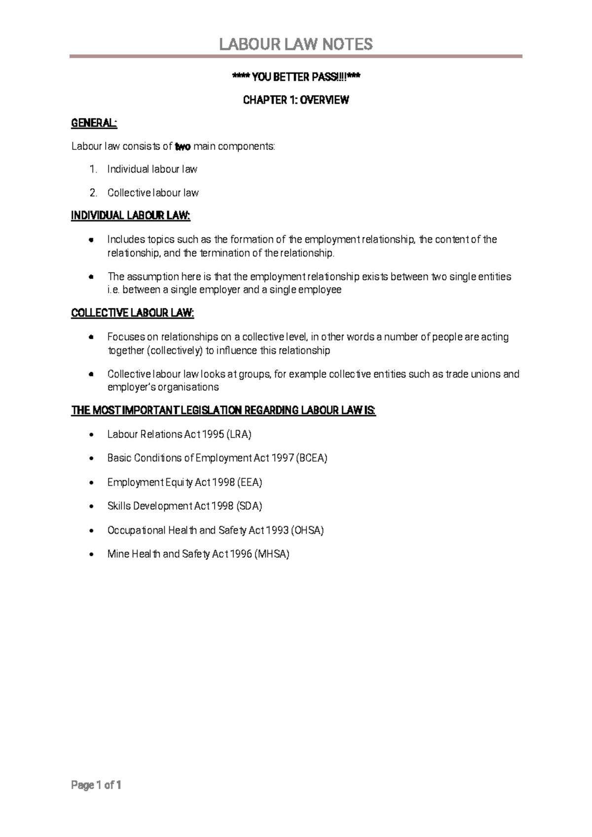 MRL3702-labour law notes - *YOUBETTERPASS!!!! CHAPTER1:OVERVIEW GENERAL ...