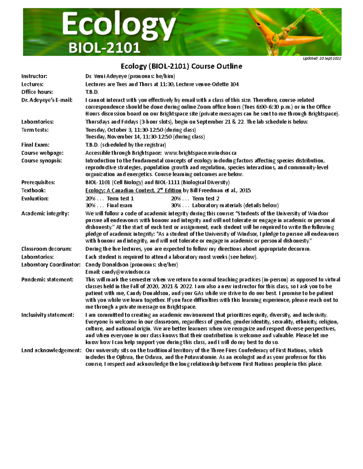 Ecology Course Syllabus - Updated: 20 Sept 2022 Ecology (BIOL-2101 ...