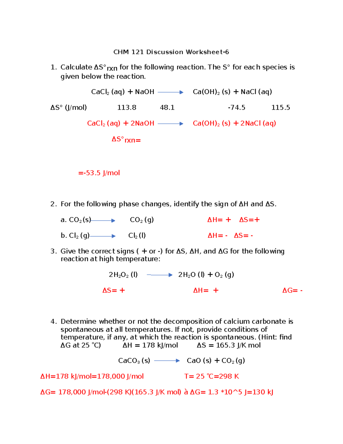 Worksheet 6 key(2)-2 - CHM 121 Discussion Worksheet- Calculate ΔS°rxn ...
