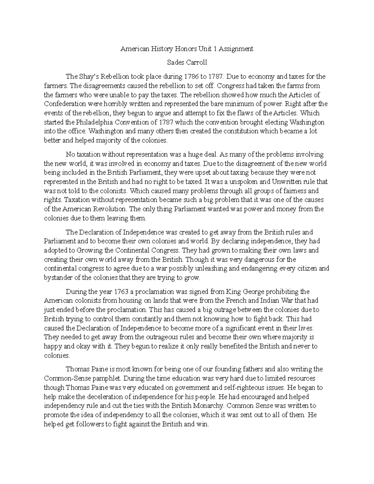 American History Honors Unit 1 Assignment - American History Honors ...