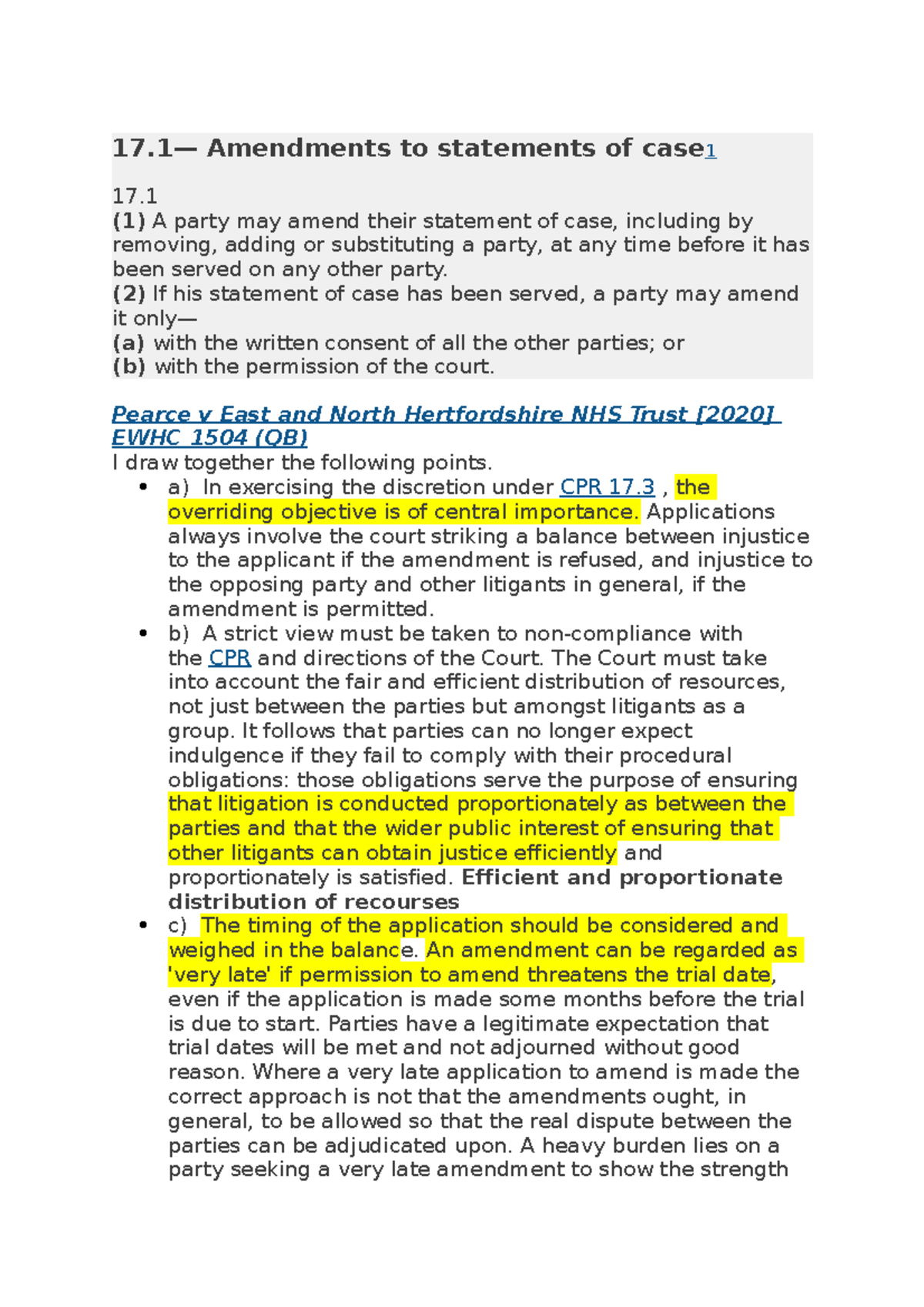 Case analysis - 17— Amendments to statements of case 1 17. (1) A party ...