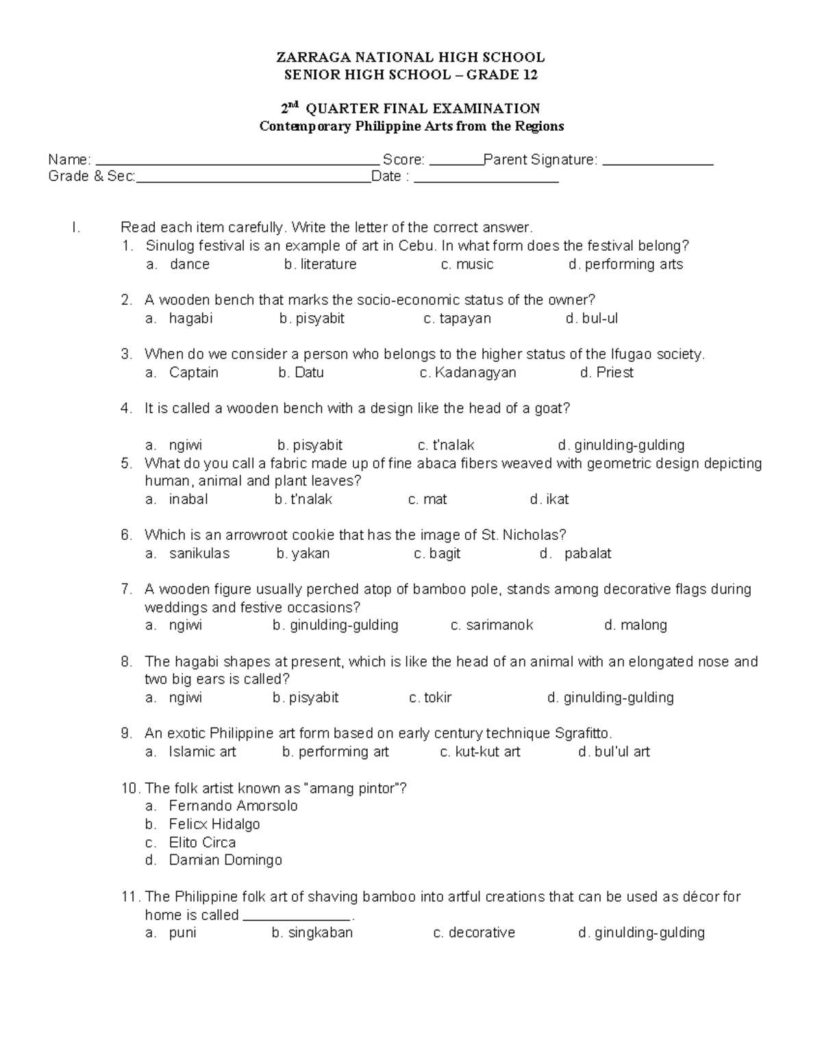 Cpar grade 12 2nd quarter final exam - ZARRAGA NATIONAL HIGH SCHOOL ...