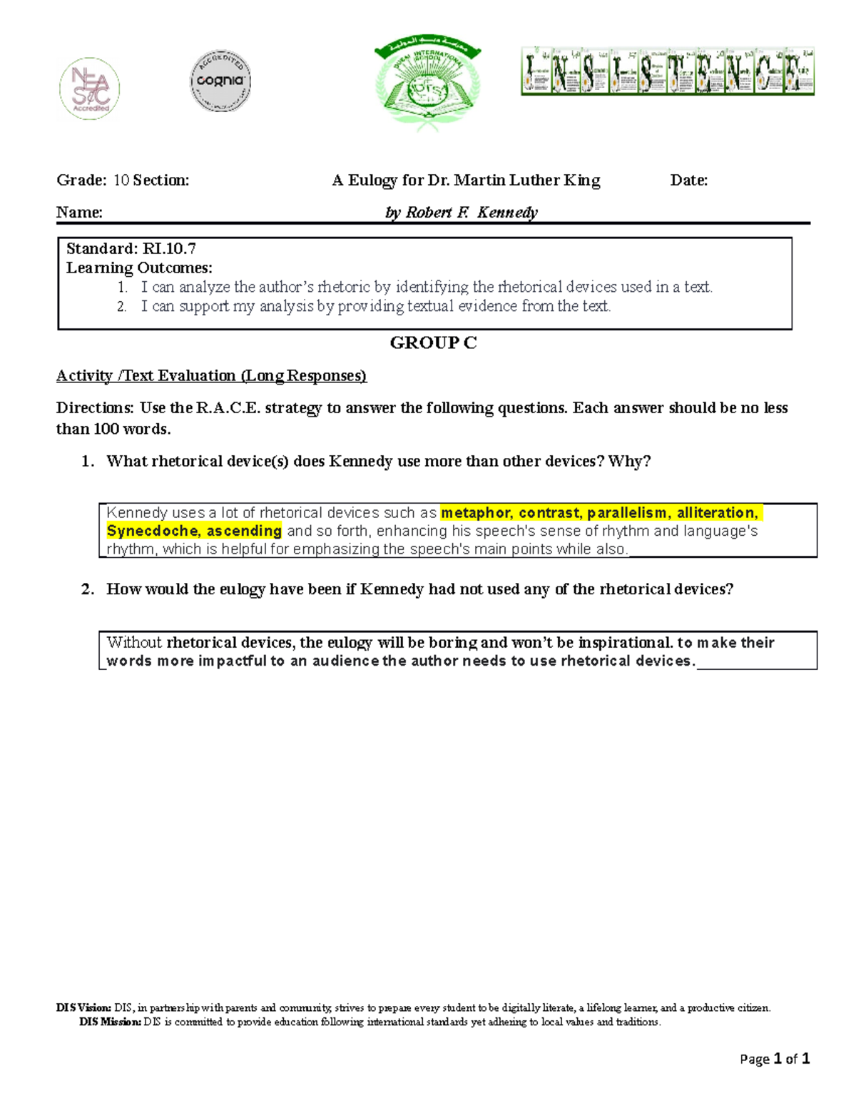 A Eulogy for MLK - Group C - Grade: 10 Section: A Eulogy for Dr. Martin ...