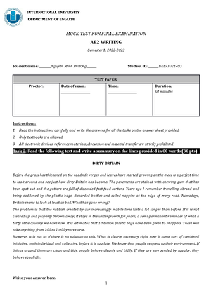 Sample AE2 Writing - Final test - INTERNATIONAL UNIVERSITY DEPARTMENT ...