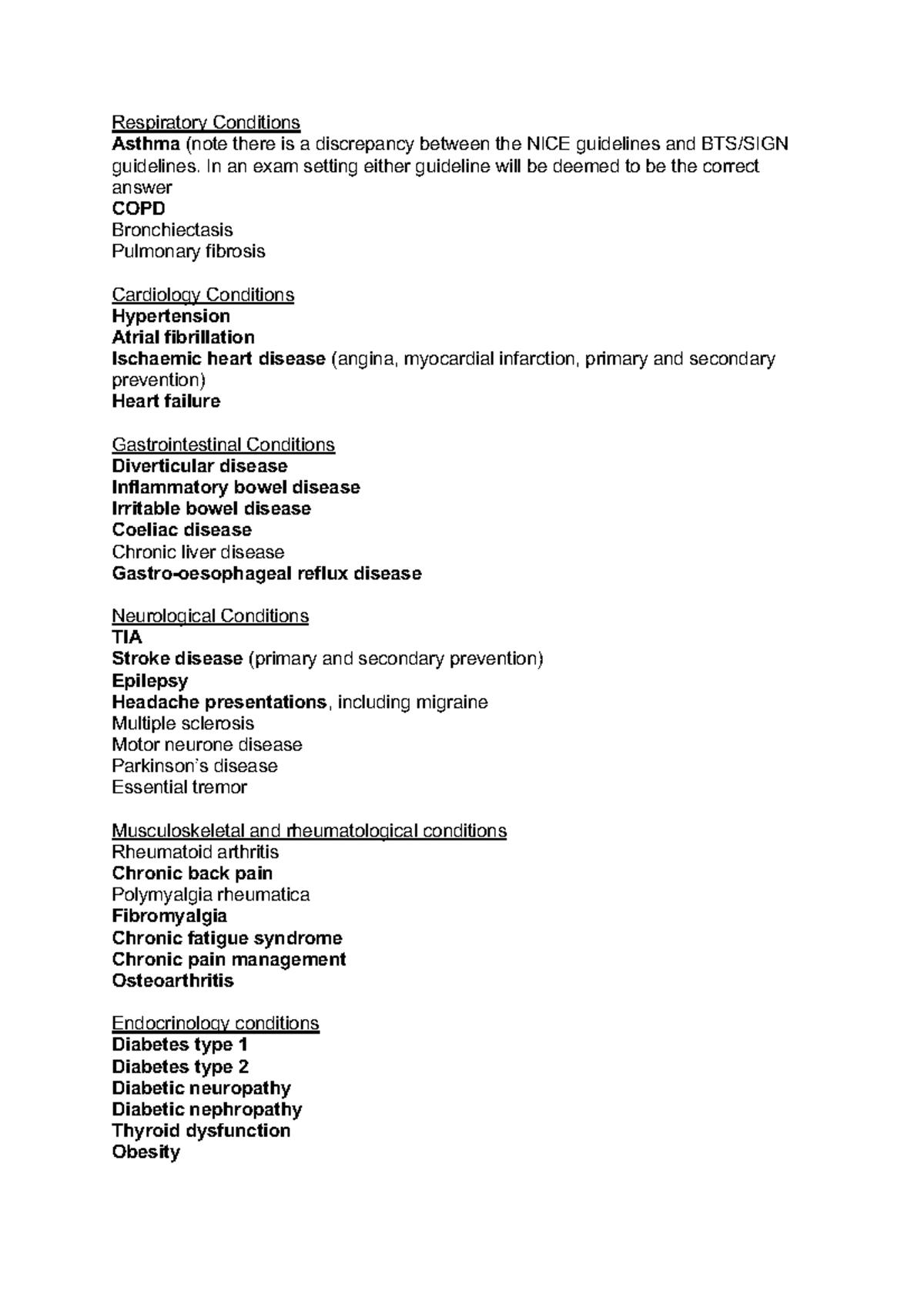 List of CCC - Respiratory Conditions Asthma (note there is a ...