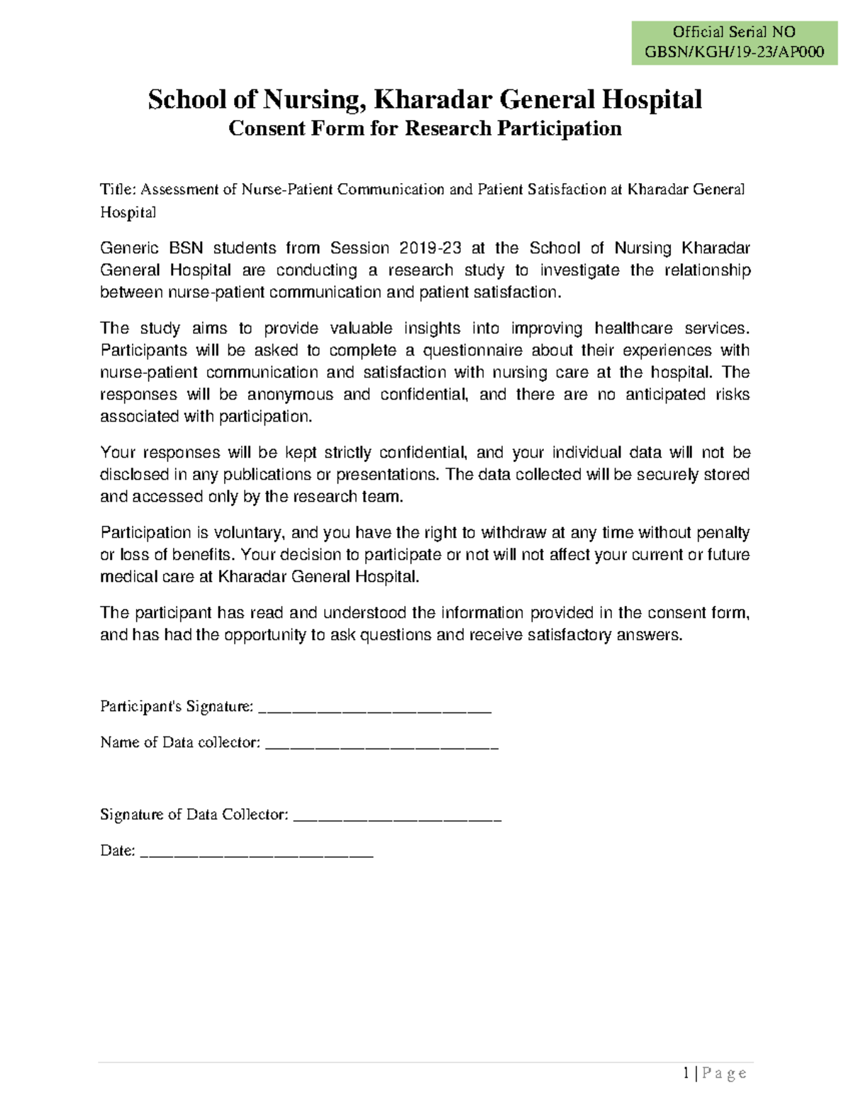 Patient Final Questionnaire - 1 | P a g e GBSN/KGH/19-23/AP 000 School of Nursing, Kharadar ...