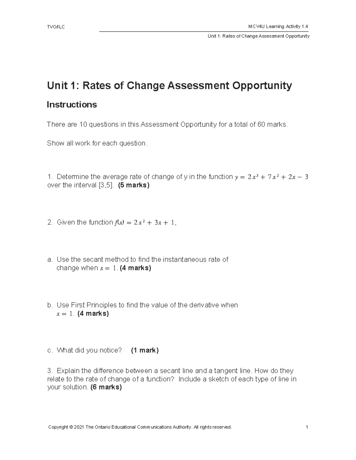 MCV4U 01 - info - TVO/ILC MCV4U Learning Activity 1. 4 Unit 1: Rates of ...