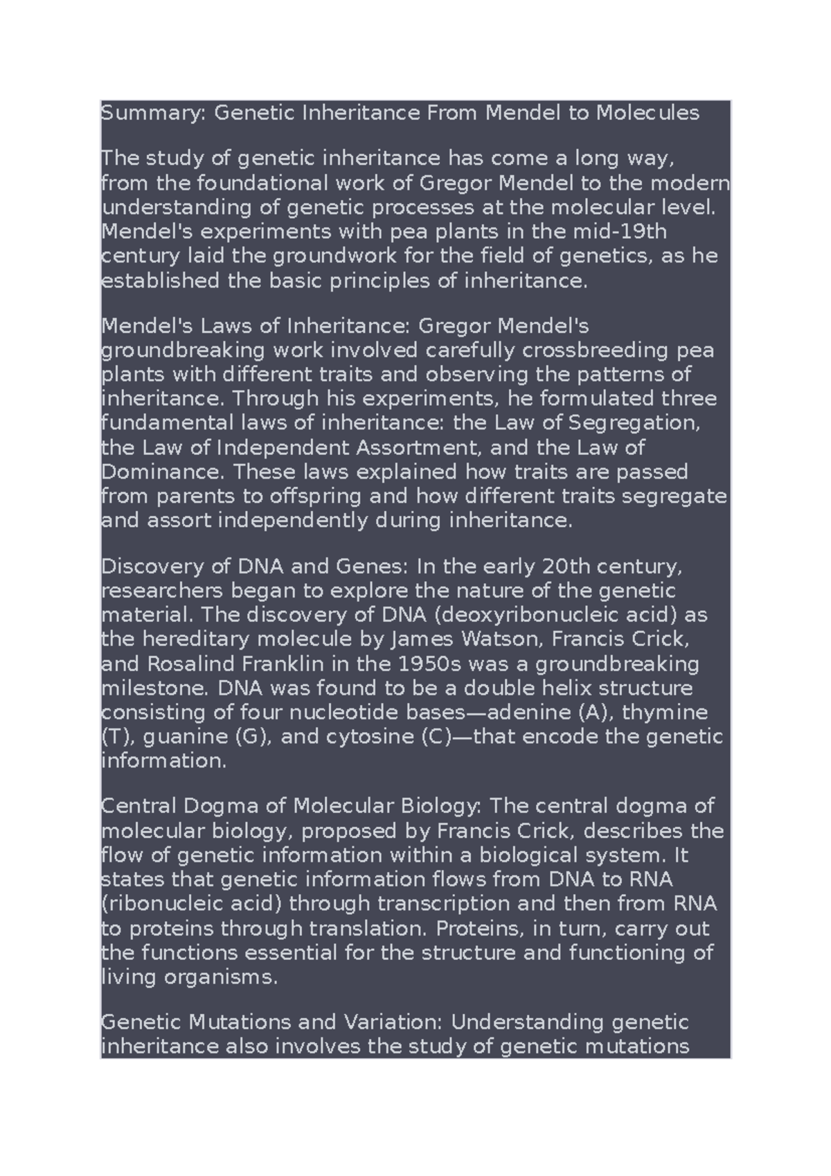Genetic Inheritance From Mendel to Molecules - GEG2001 - USyd - Studocu
