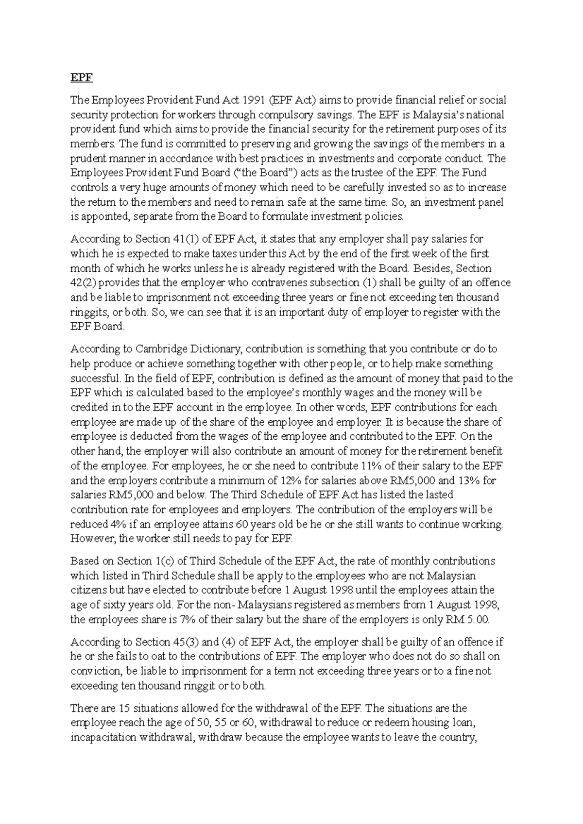 EPF Essay Labour Law ULB 2612 ULB 2612 - EPF The Employees Provident ...