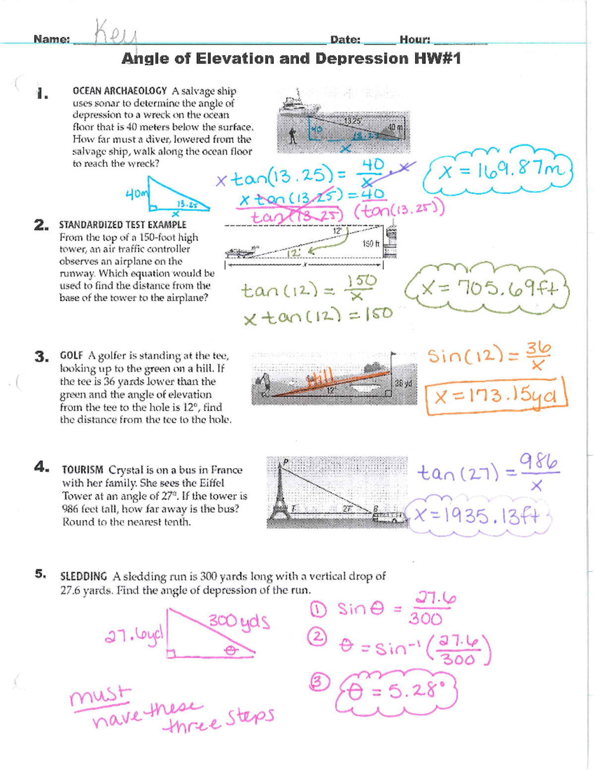 Angle of elevation and depresion homework day 1 key - Name: Key Date ...