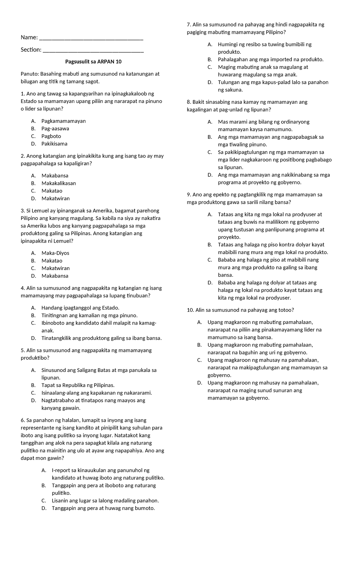 Demo teaching quiz - 10 mcq sample quiz - Name ...