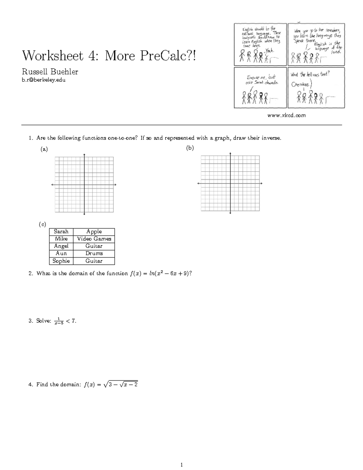 Worksheet 4 - review of calculus 1 materoa - Worksheet 4: More PreCalc ...