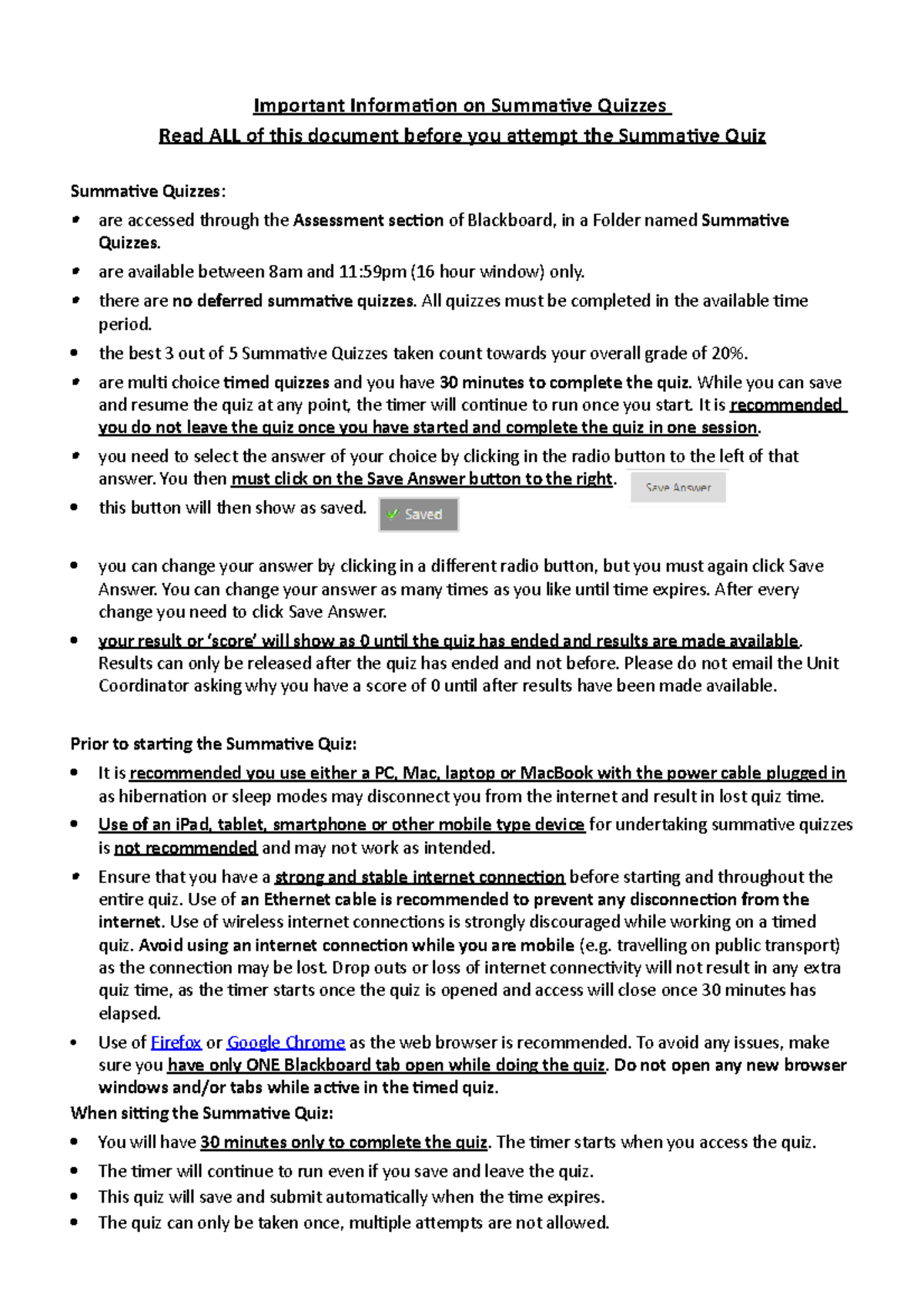 Important Information on Summative Quizzes - are available between 8am ...