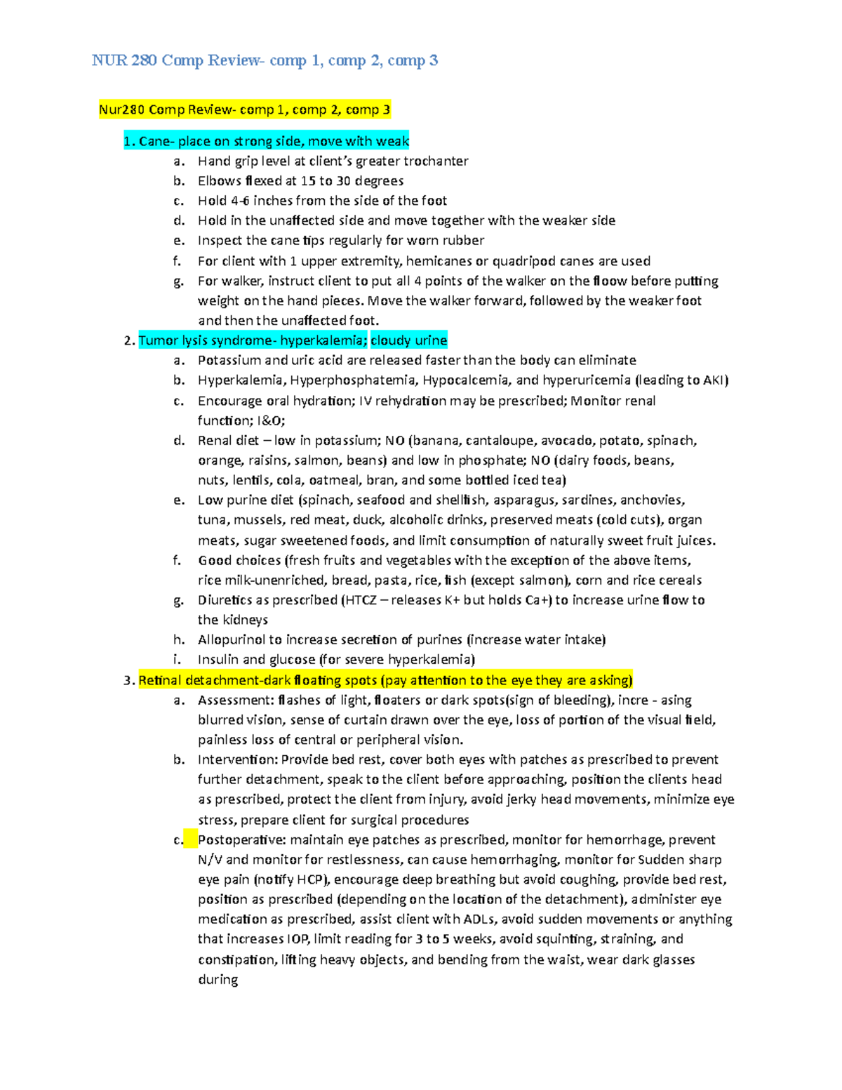 Comprehensive Review Edited - Nur280 Comp Review- comp 1, comp 2, comp 3 Cane- place on strong ...