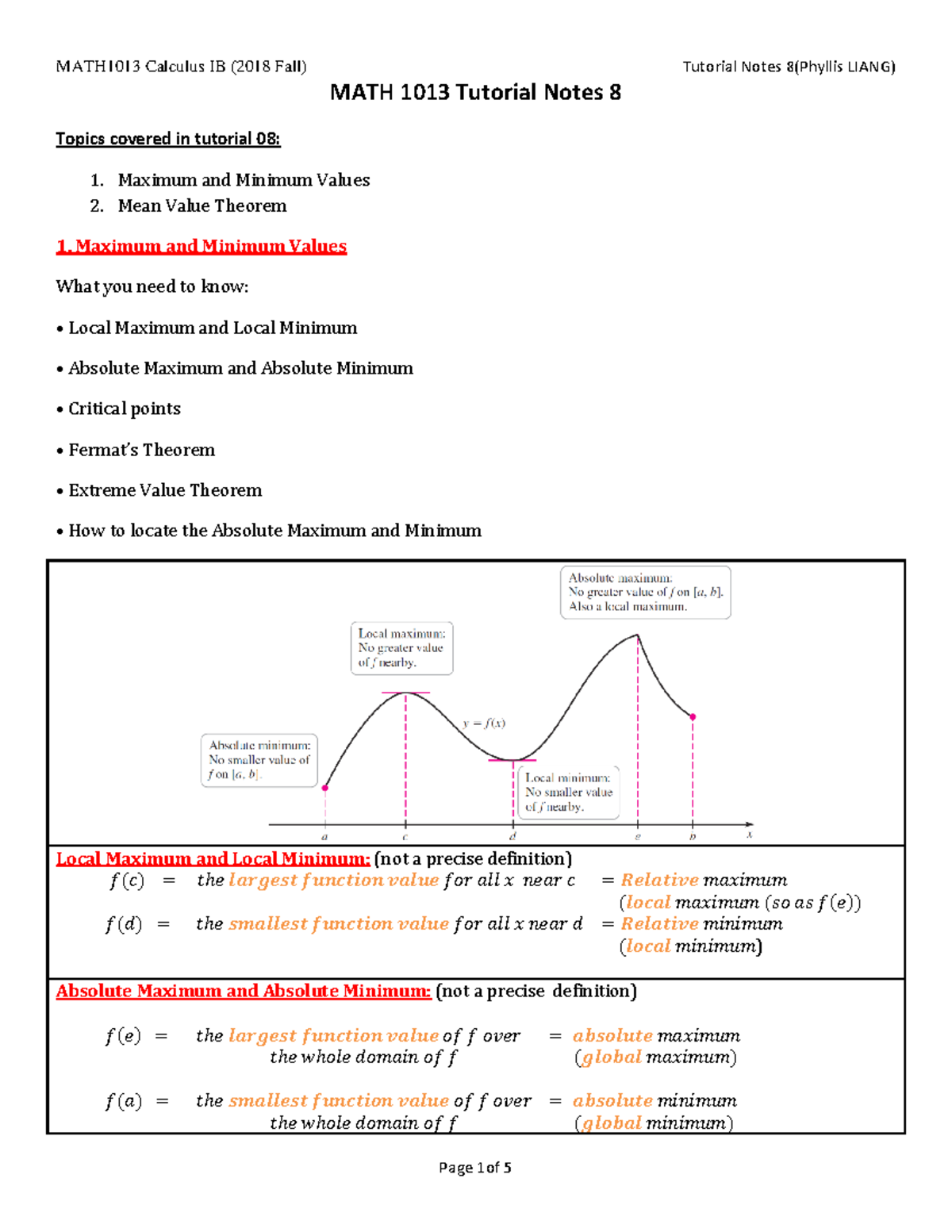 MATH1013 Tutorial Notes 08 - MATH 1013 Tutorial Notes 8 Topics covered ...