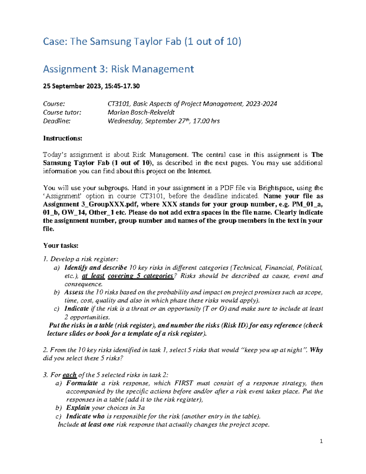 CT3101 Assignment 3 Risk 2023-24 - Case: The Samsung Taylor Fab (1 out ...