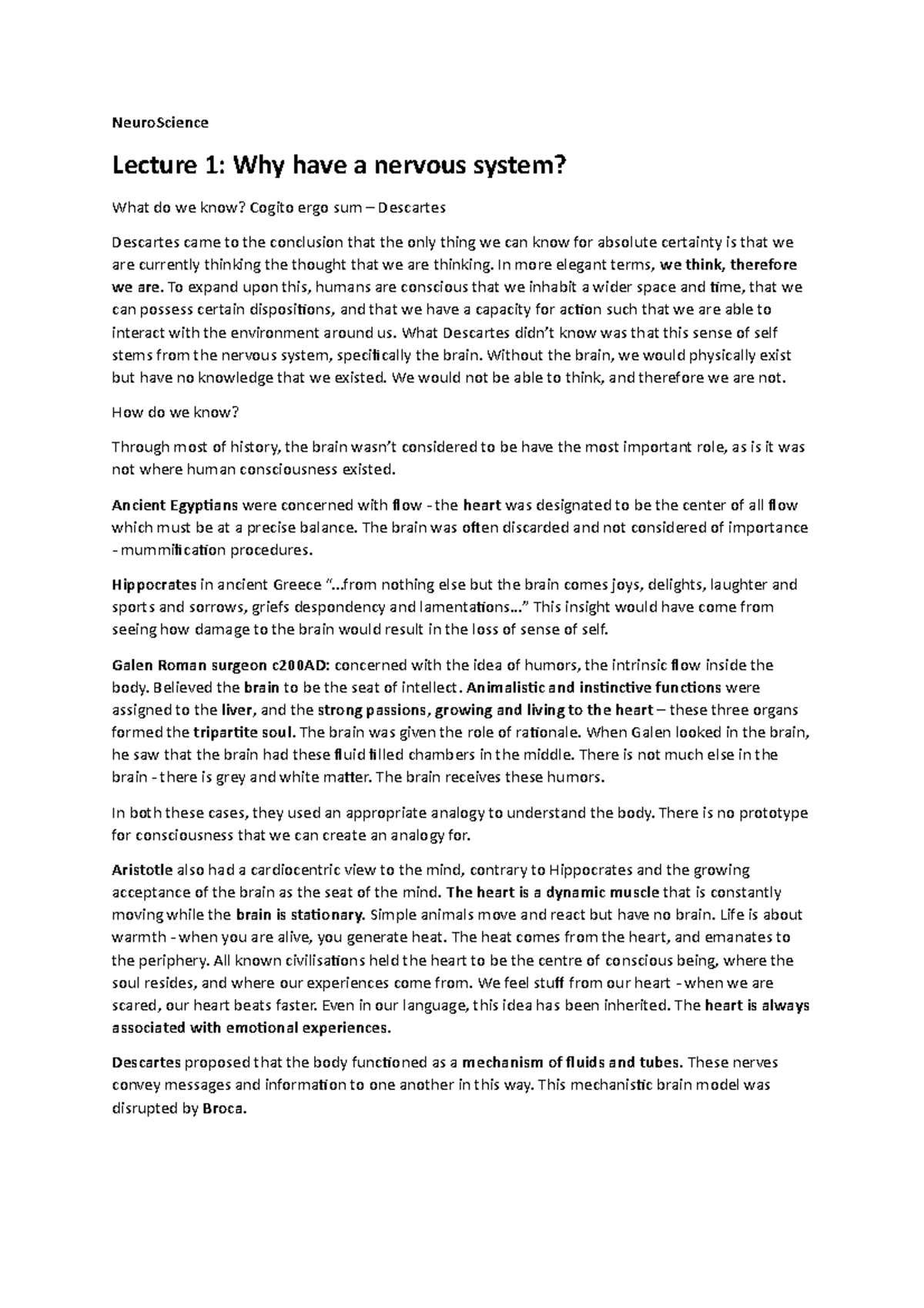 Neuro Science Week 1 Lecture Notes - NeuroScience Lecture 1: Why have a ...