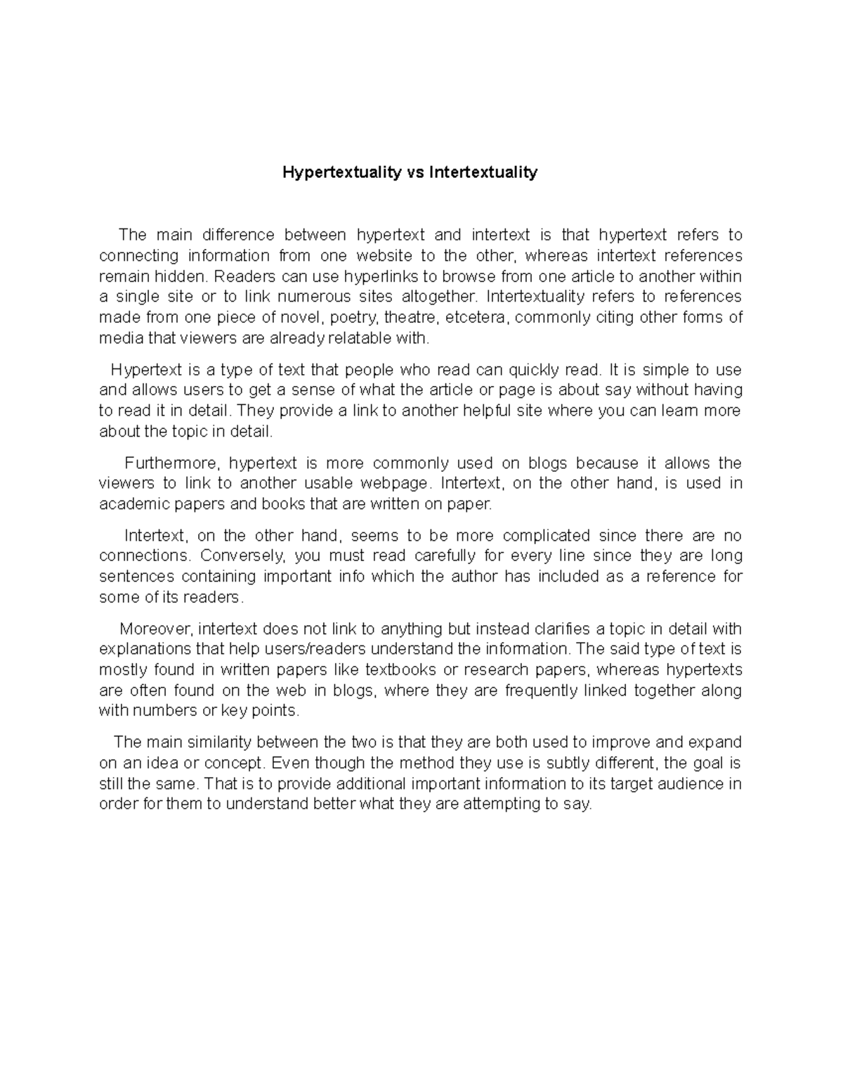 Hypertextuality vs Intertextuality - Readers can use hyperlinks to ...