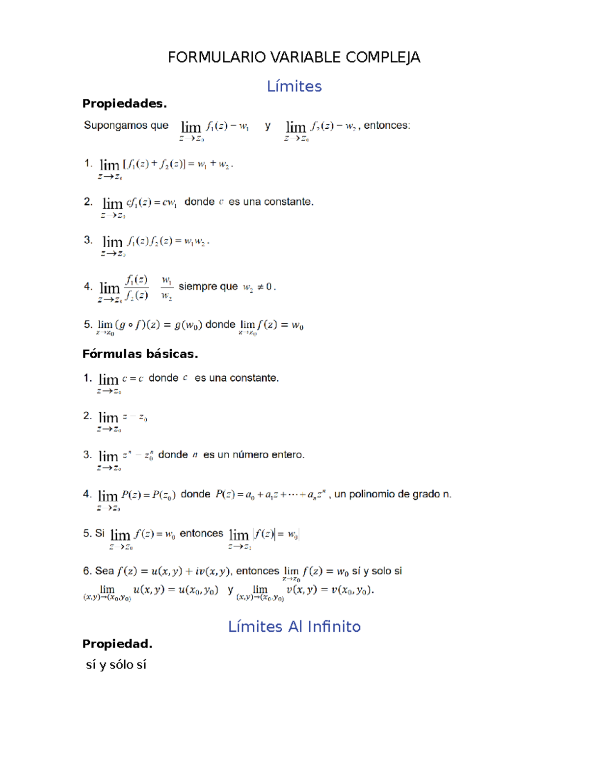 Formulario Variable Compleja - FORMULARIO VARIABLE COMPLEJA Límites ...
