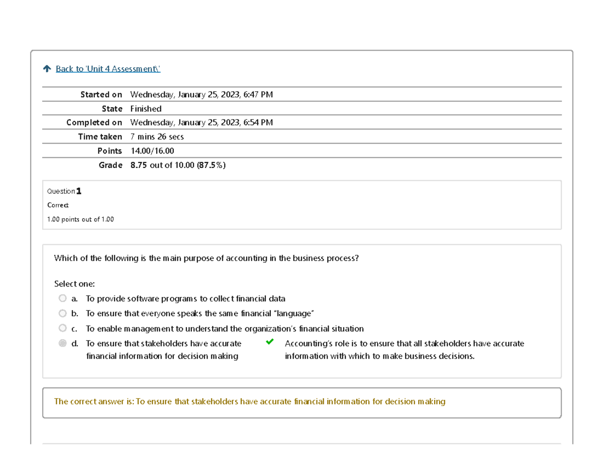 Accounting, Finance, and Banking - Back to 'Unit 4 Assessment' Started ...