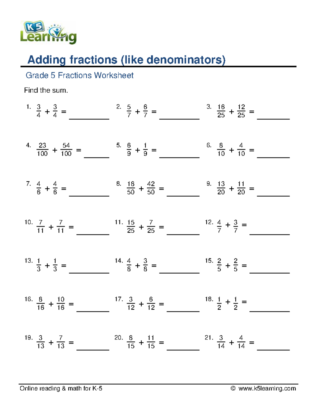 Grade 5 adding fractions like denominators a - Online reading & math ...