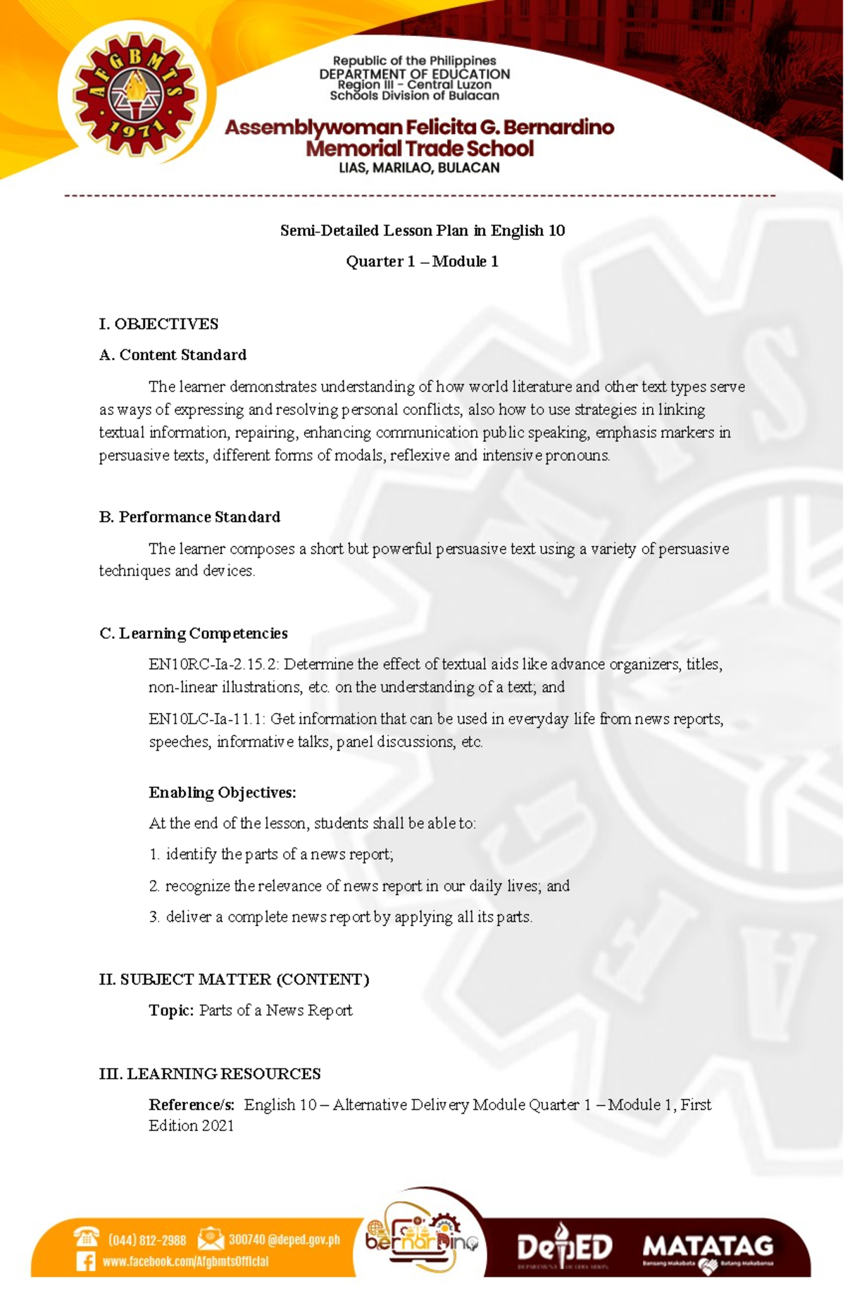 DLP Q1 M1 WEEK 1 Parts of a news report - Semi-Detailed Lesson Plan in ...